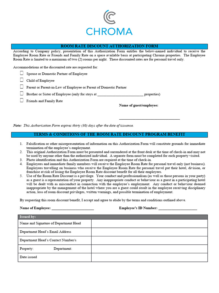 Hotel Discount Authorization Form | PDF | Employment | Justice
