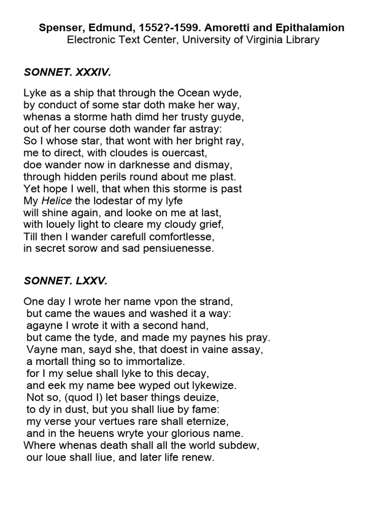 E Spenser and PH Sidney - Sonnets and Excerpt For Closereading | PDF