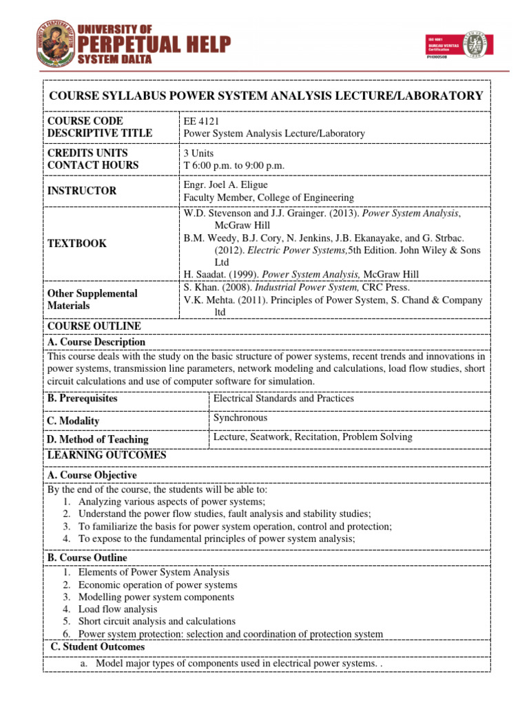 Course Syllabus Power System Analysis Lec. Lab. | PDF | System | Electrical Engineering