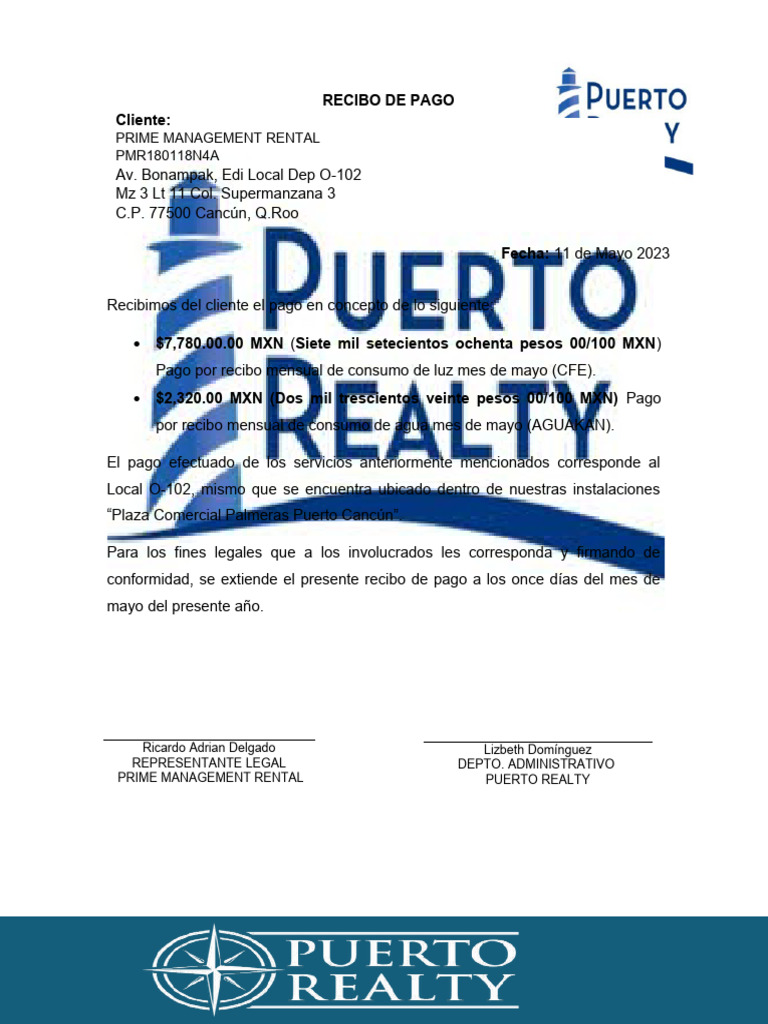 Carta de Pago Realty Agua Luz | PDF