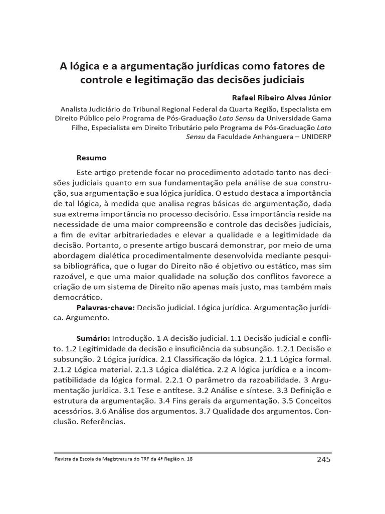 A Lógica e A Argumentação Jurídicas Como Fatores de Controle e ...
