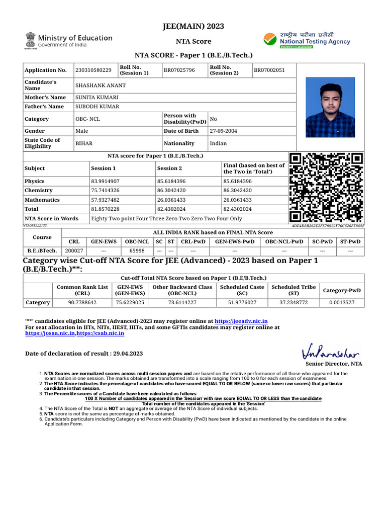 JEE Mains 2023 Result | Download Free PDF | Qualifications | Student Assessment And Evaluation