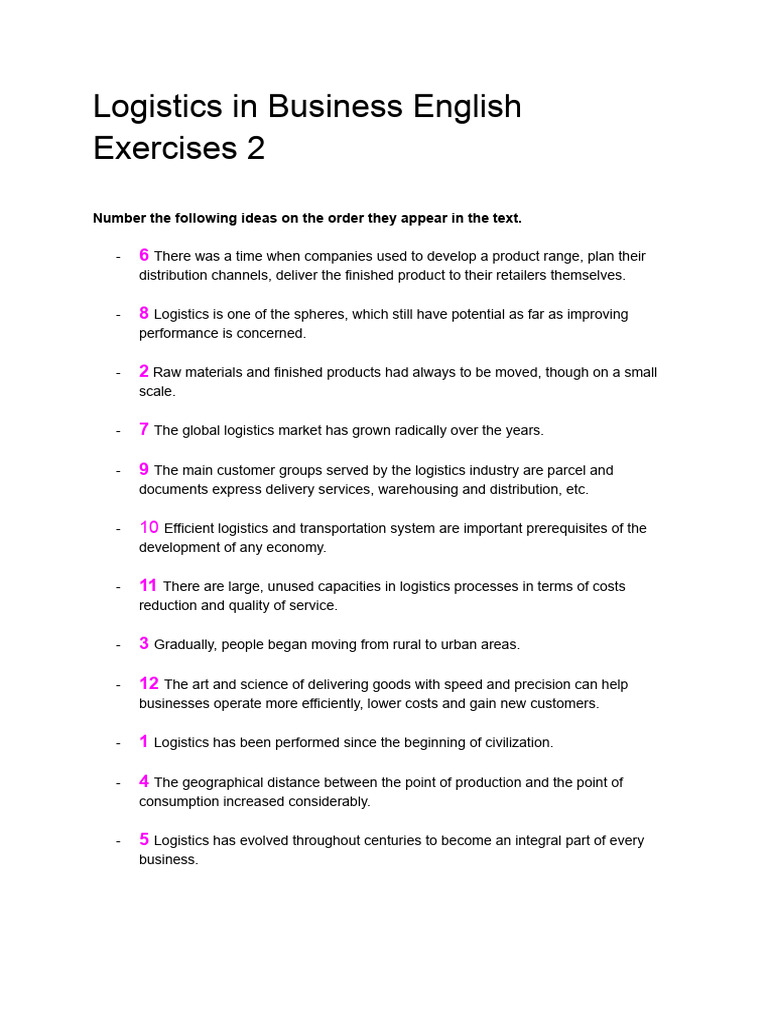 Logistics in Business English Exercises 2 | PDF | Logistics | Marketing