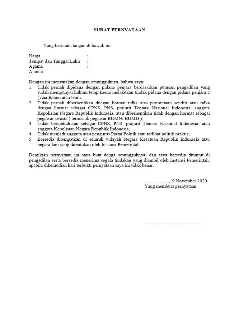 Contoh Surat Pernyataan Melamar Kerja | PDF