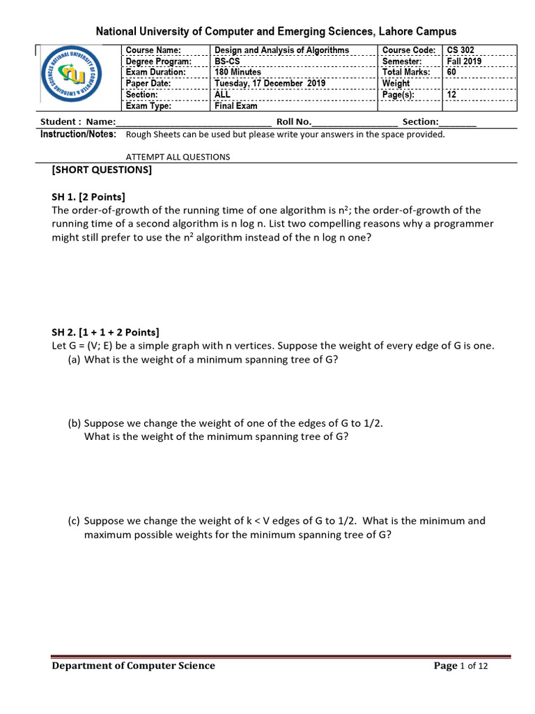 Final Fall 2019 - Os | PDF | Vertex (Graph Theory) | Dynamic Programming