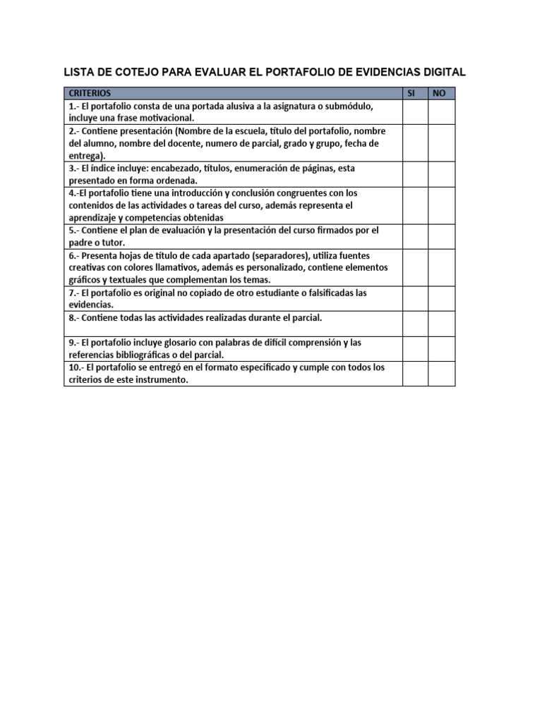 Lista de Cotejo para Evaluar El Portafolio de Evidencias Digital | PDF