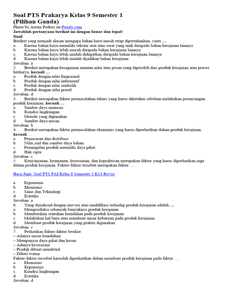 Soal PTS Prakarya Kelas 9 | PDF