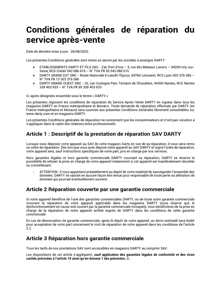 Conditions de réparation SAV DARTY | PDF | Économie