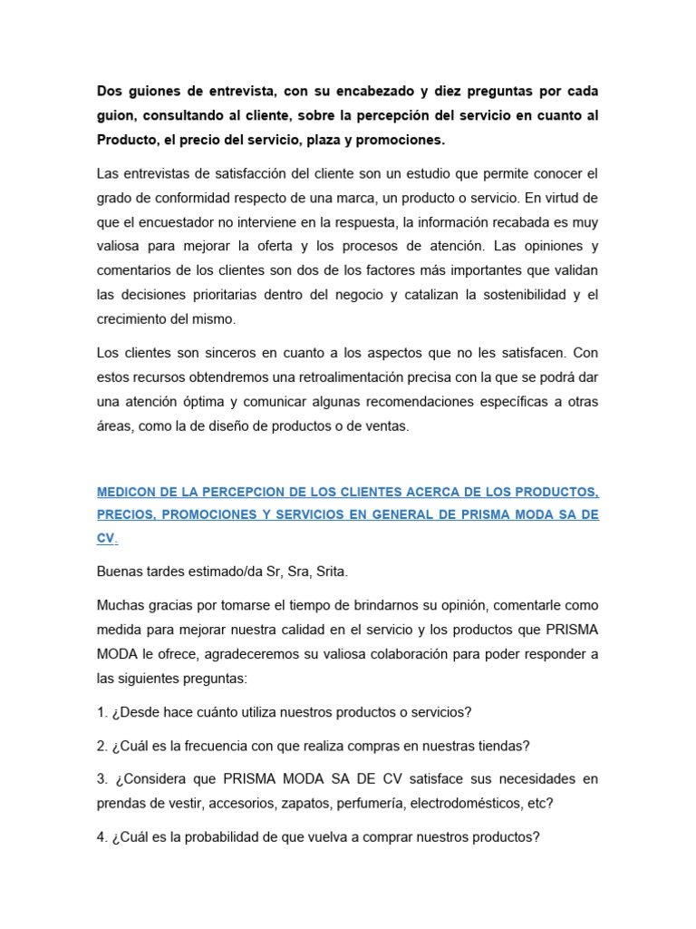 Guion de Entrevista PRISMA MODA | PDF