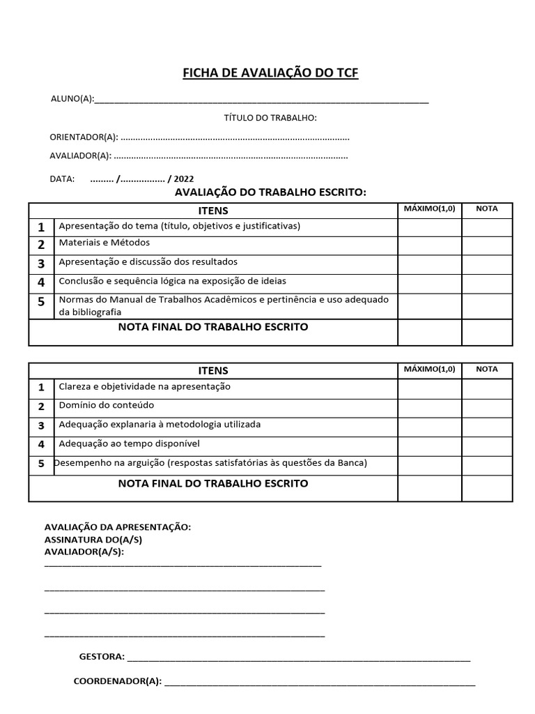 Ficha de Apresentação TCF tabela | PDF