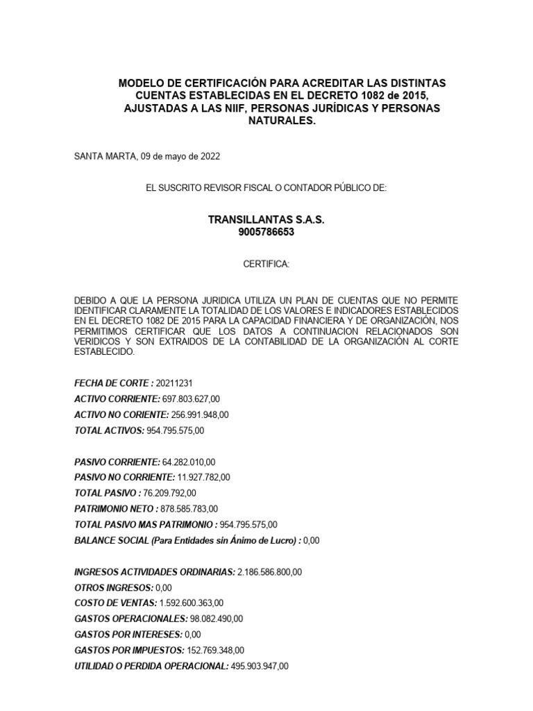 MODELO DE CERTIFICACIÓN PARA ACREDITAR LAS DISTINTAS CUENTAS ESTABLECIDAS EN EL DECRETO 1082 de ...