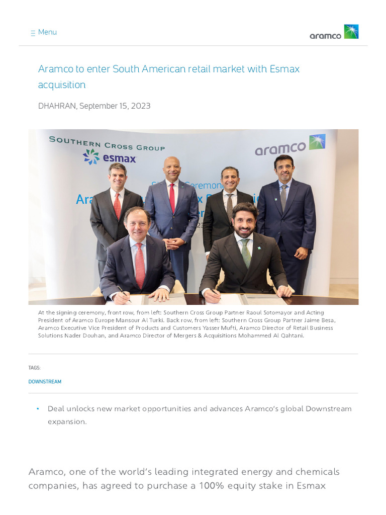 Aramco To Enter South American Retail Market With Esmax | PDF | Retail | Private Sector