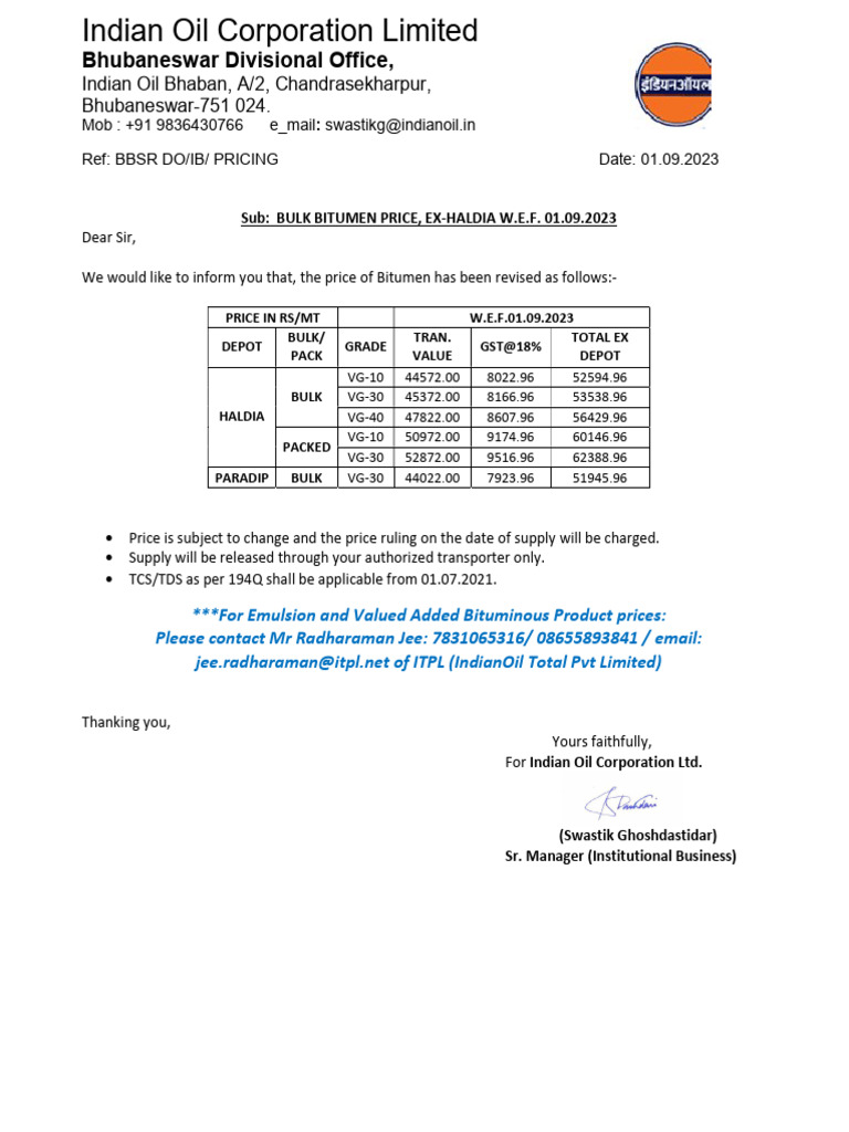 Revised Bitumen Price Wef 01.09.2023 | PDF | Petroleum | Natural Gas