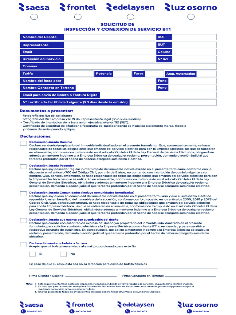 Solicitud Inspección y Conexión de Servicio BT1 | PDF
