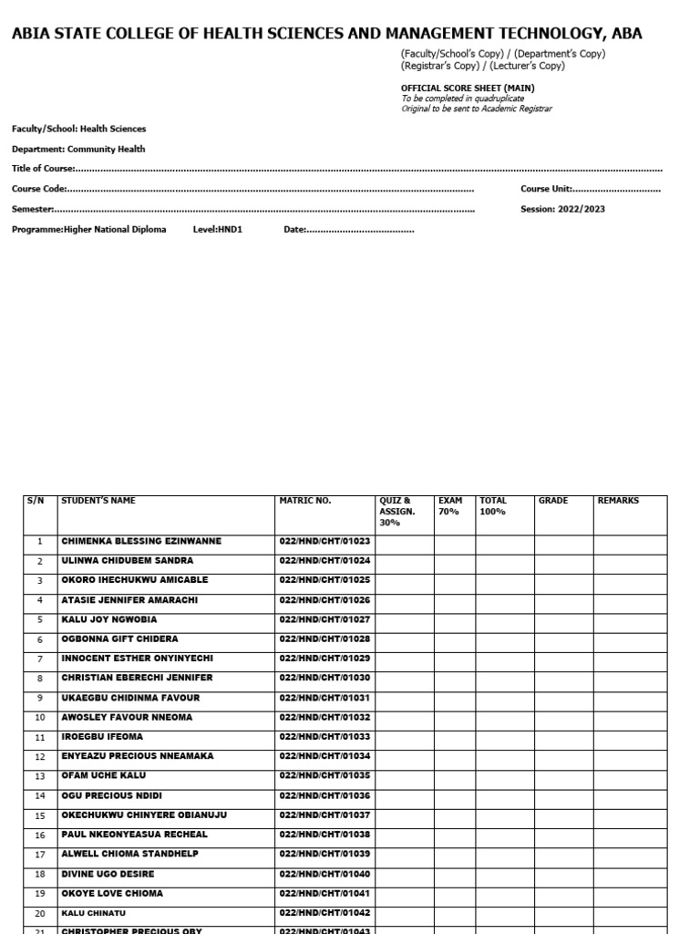HND1 CHT Score Sheet 2023 | PDF | Qualifications | Educational ...