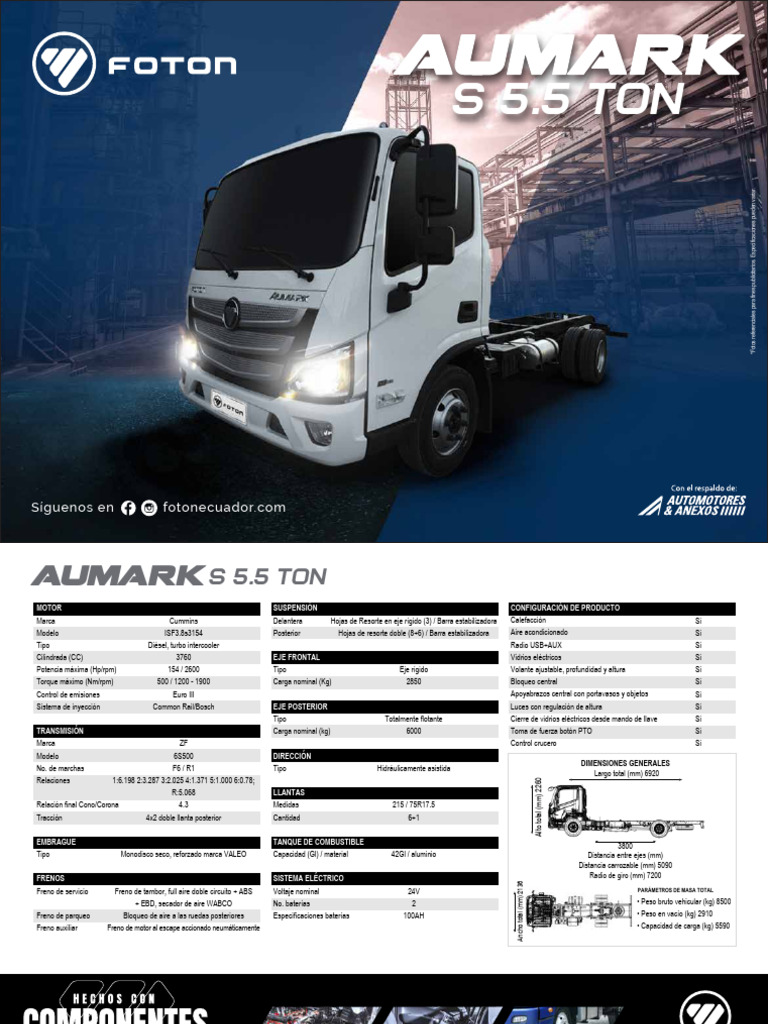 Foton Ficha Tecnica Aumark S 5.5 Ton 2022 | PDF | Eje | Sistema de freno antibloqueo