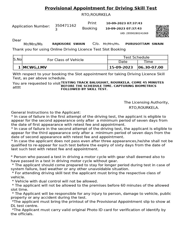 Provisional Appointment For Driving Skill Test: 1 MCWG, LMV 15-09-2023 ...