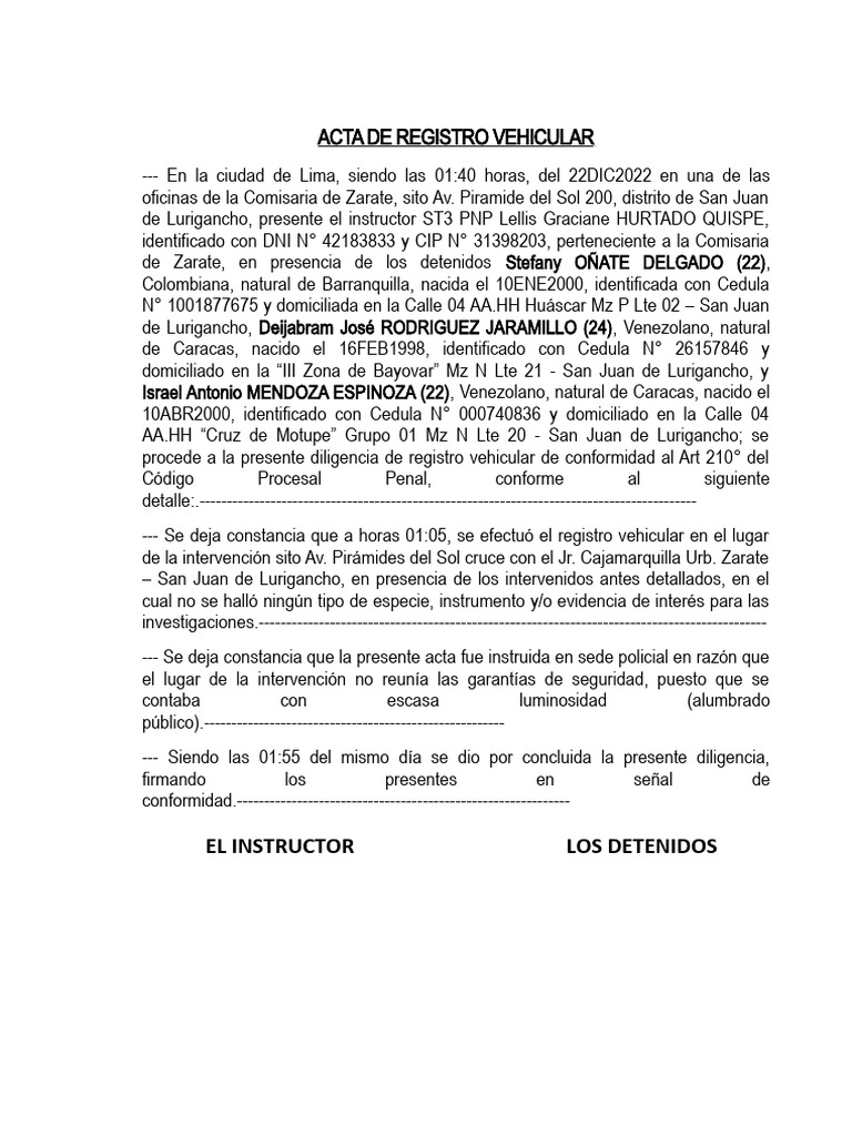 Acta de Registro Vehicular | PDF