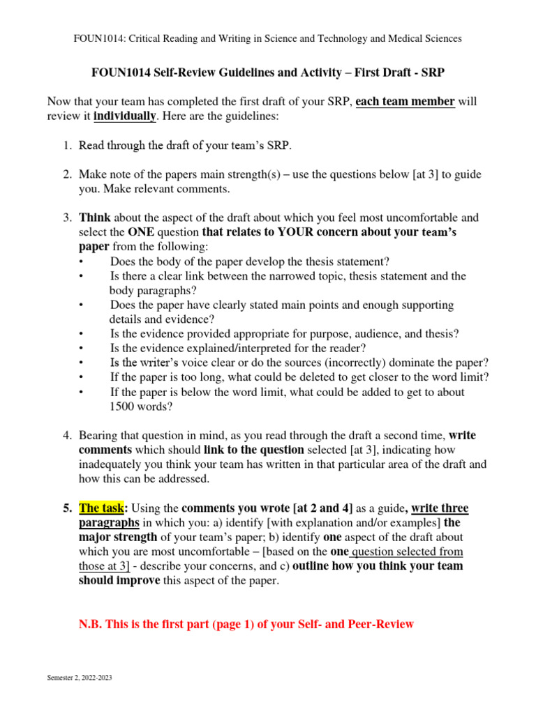 FOUN1014 Self-Review Guidelines for SRP | PDF | Peer Review | Human ...