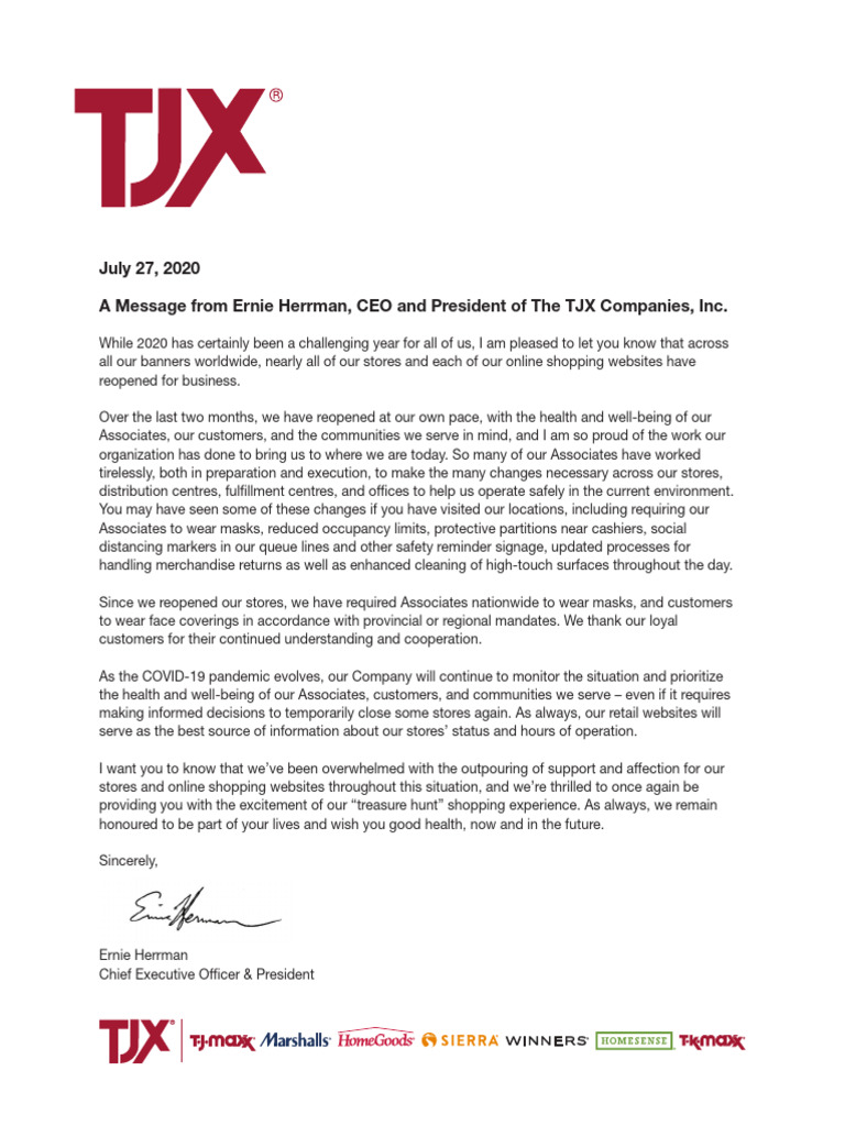 A Message From The TJX Companies Inc | PDF