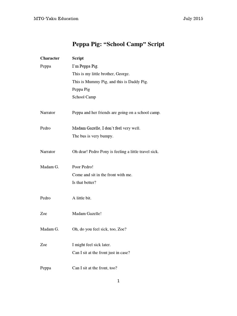 Peppa Pig School Camp Script1 | PDF