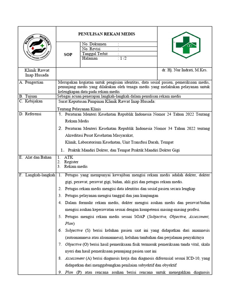 Sop Penulisan Rekam Medis | PDF