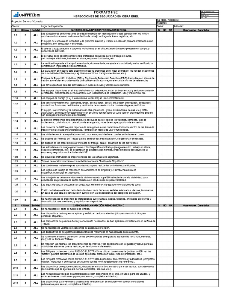 (4) UNI-SGS-FO-26 Inspecciones de seguridad en obra Enel Ver. 05.1 | PDF | Ventilación ...