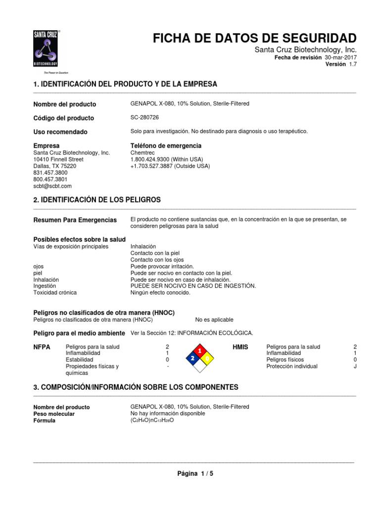 Genapol X-080: Ficha de Seguridad | PDF | Agua | Toxicidad