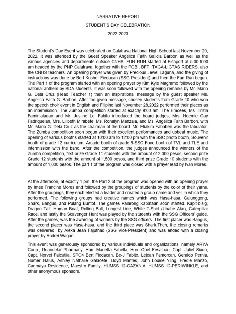 NARRATIVE REPORT Students Day - 1 | PDF