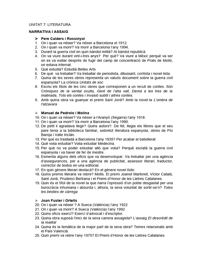Unitat 7 Literatura Questionari Solucionari1 | PDF