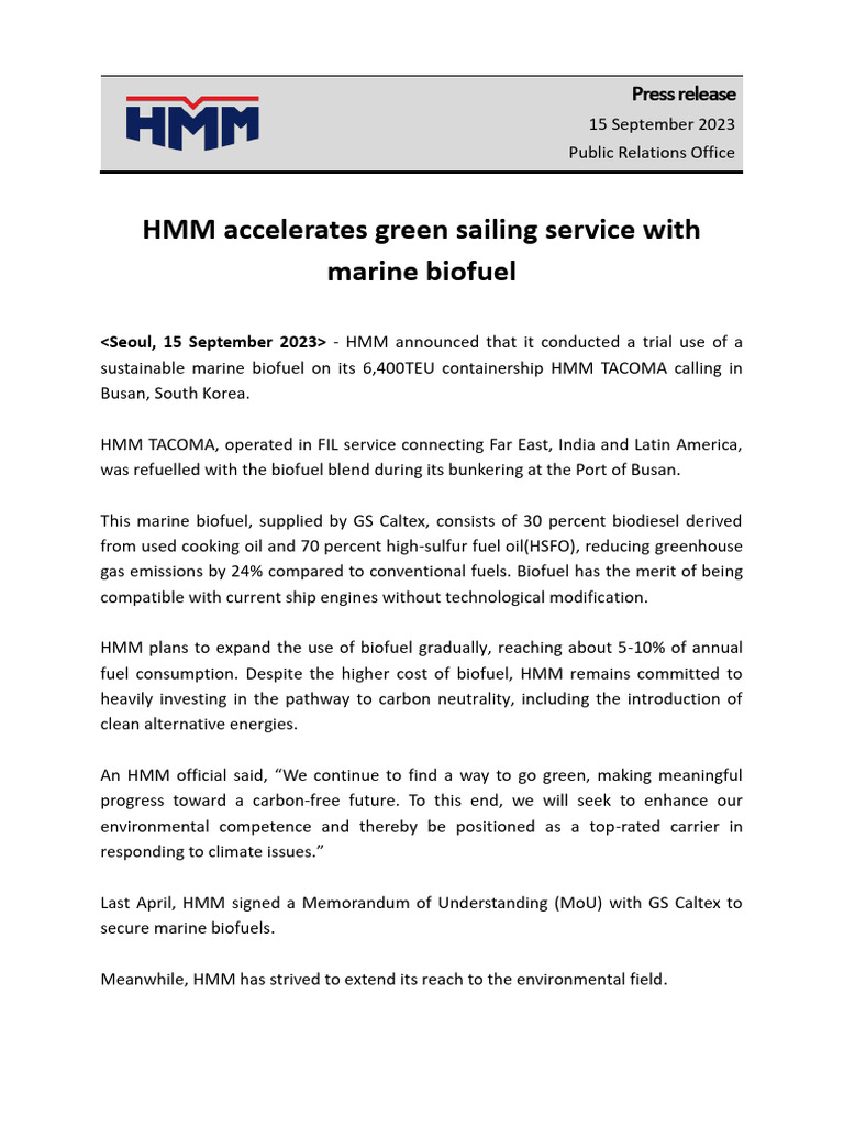 HMM Trials Marine Biofuel on Ship | PDF | Biofuel | Fuel Oil