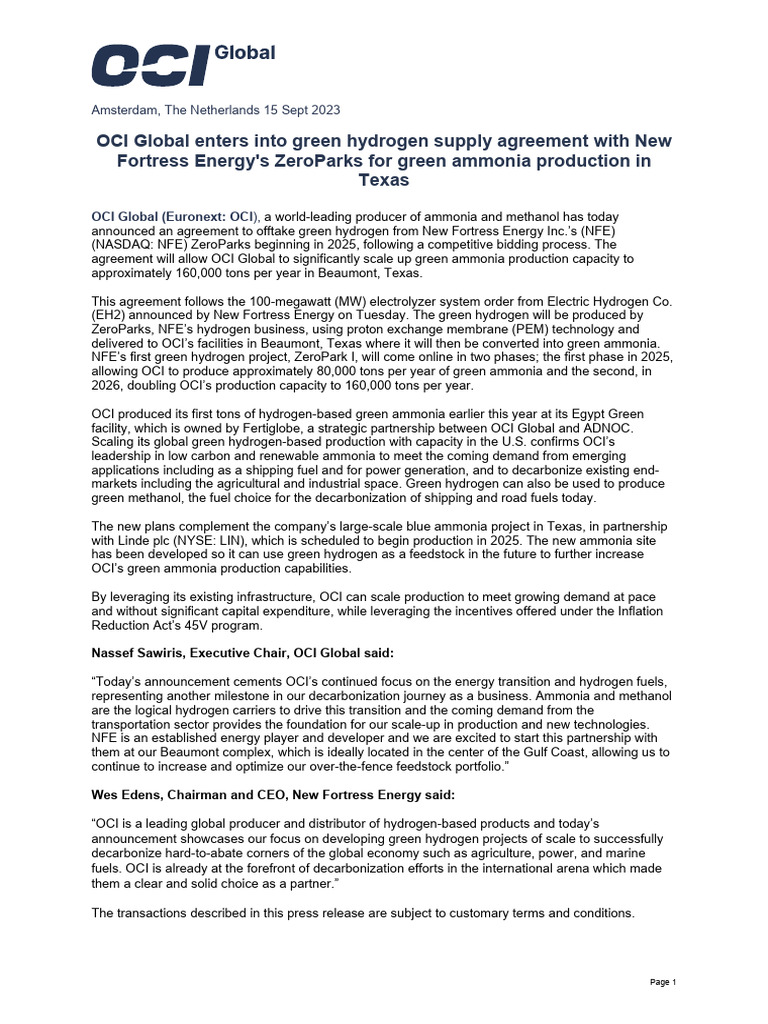 OCI Global Enters Into Green Hydrogen Supply Agreement | PDF | Low ...