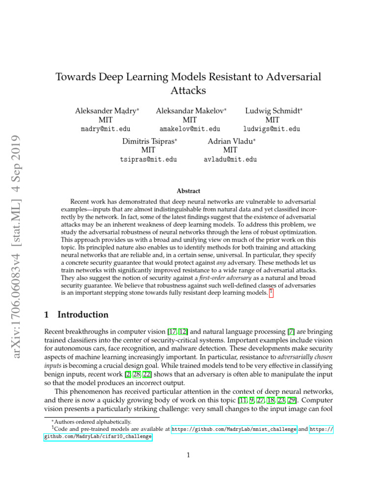 Towards Deep Learning Models Resistant To Adversarial Attacks | PDF | Deep Learning ...