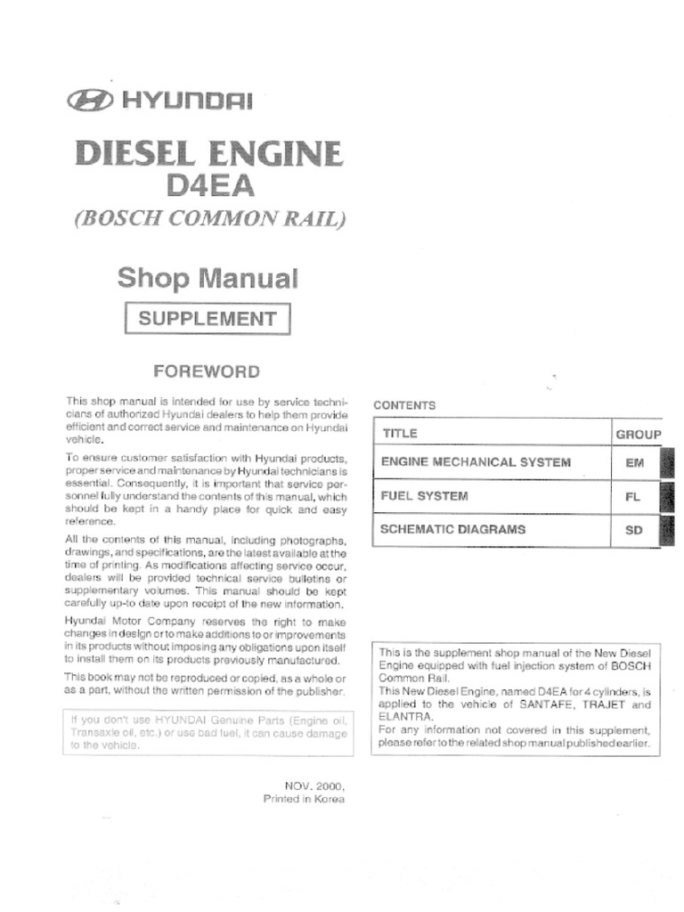 Hyundai Diesel Engine D4EA Workshop Manual PDF | PDF
