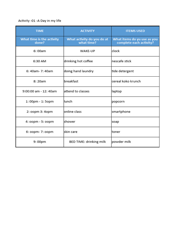 A Day in The Life Activity Sheet | PDF