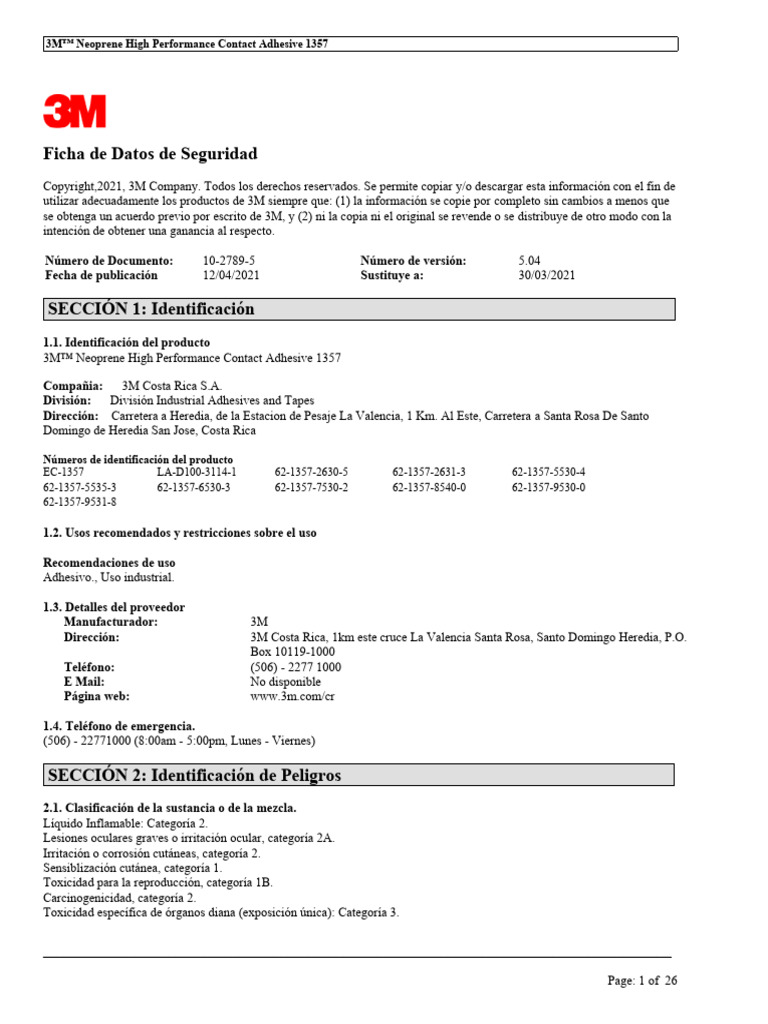 078 MSDS Pegamento Neopreno High Performace Contact Adhesive 1357 3M | PDF | Química