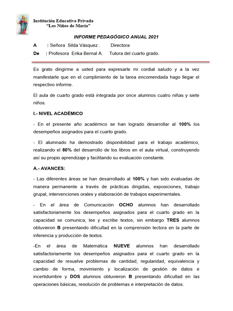 INFORME PEDAGOGICO ANUAL 2021 4to. Grado | PDF | Salón de clases | Maestros