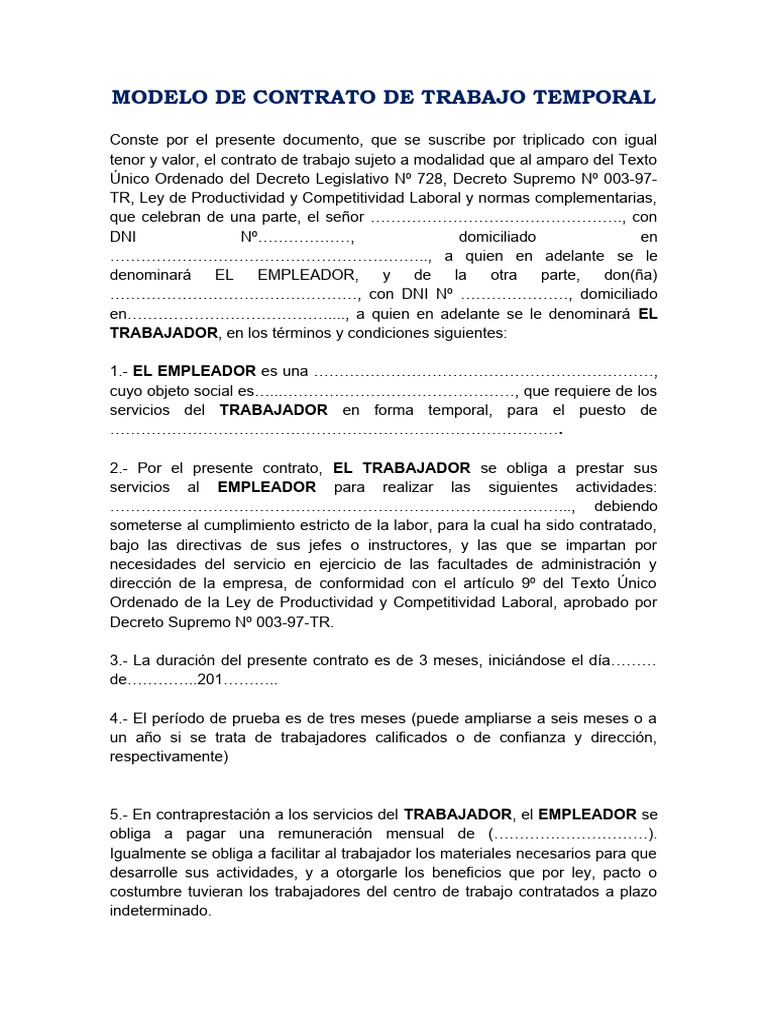 Modelo de Contrato de Trabajo Temporal | PDF | Derecho laboral | Gobierno
