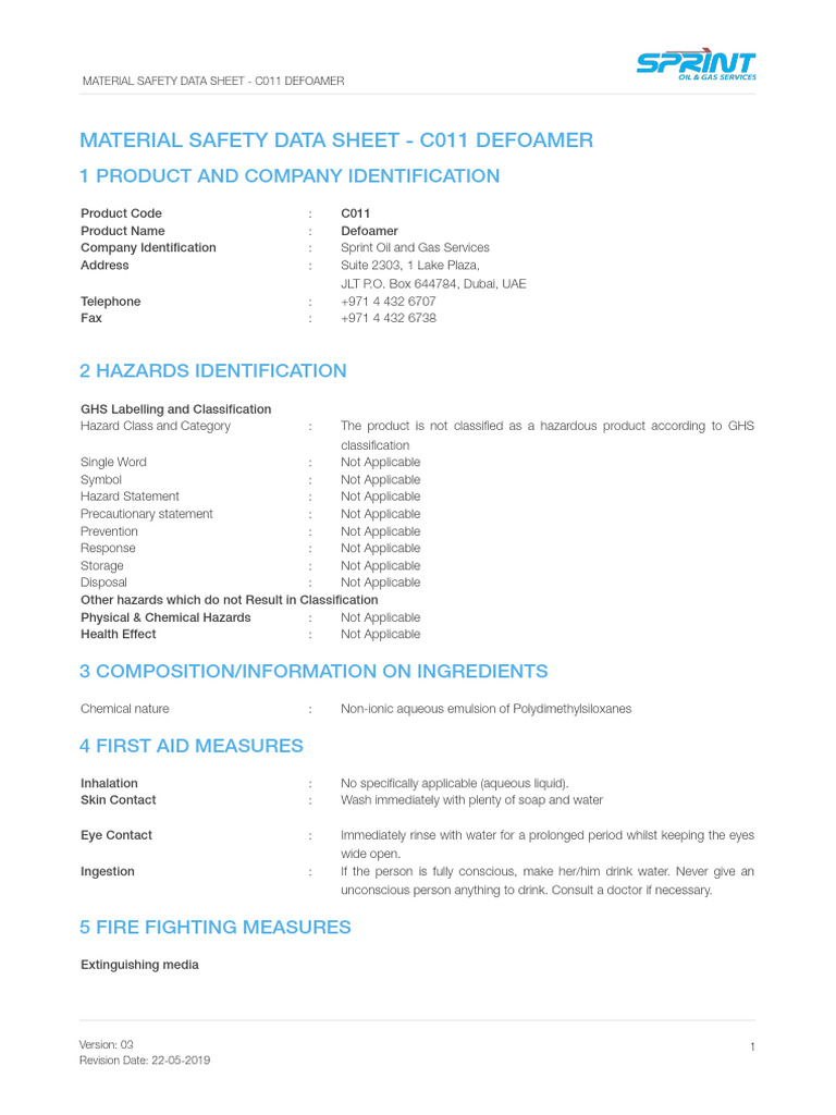 MSDS C011 Defoamer V - 0.3 | PDF | Water | Solubility