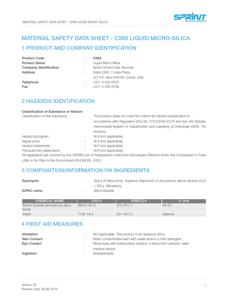 MSDS C060 Liquid Micro-Silica V - 0.3 | PDF