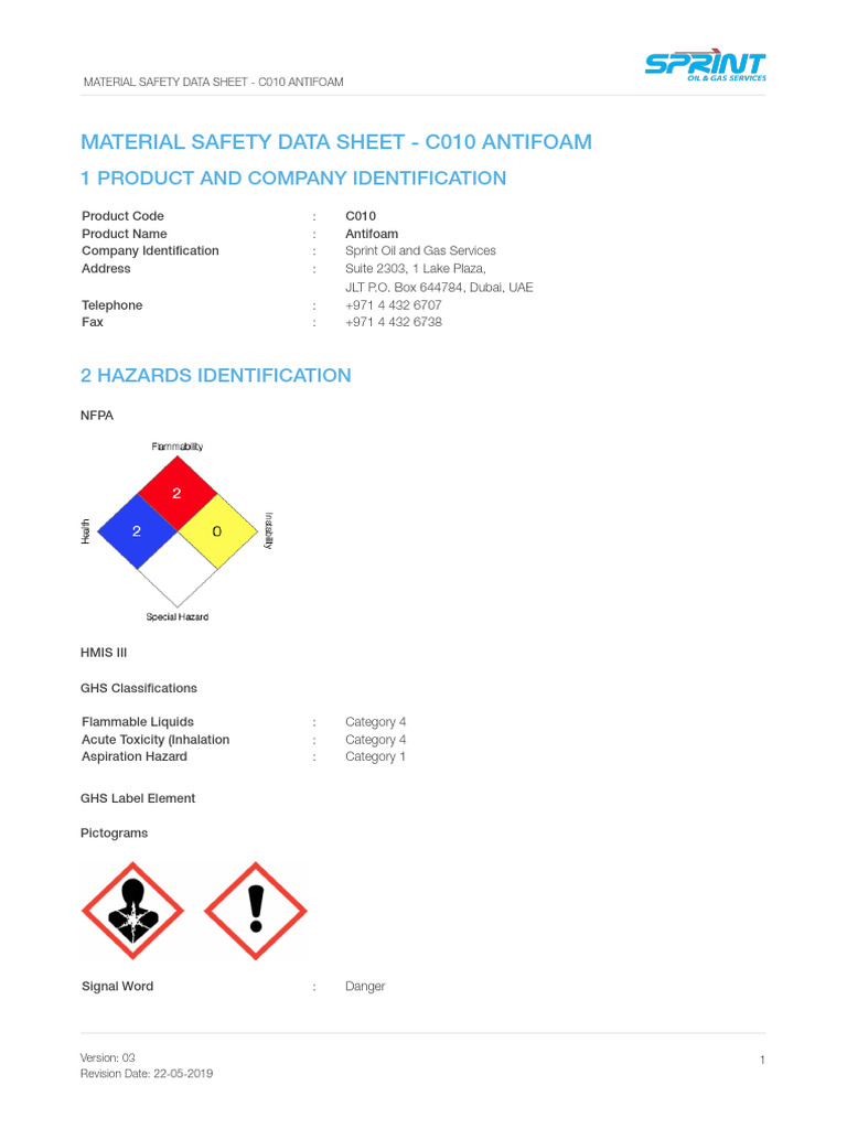 MSDS C010 Antifoam V - 0.3 | PDF | Toxicity | Waste