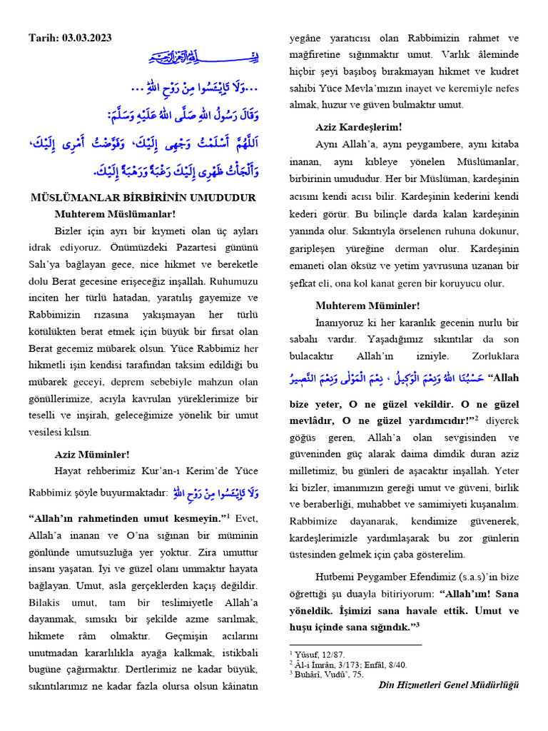 HUTBE - Müslümanlar Birbirinin Umududur | PDF