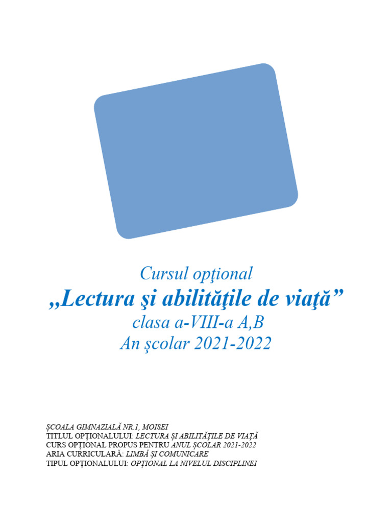 Lectura Si Abilitatile de Viata 20212022 Clasa 8 | PDF