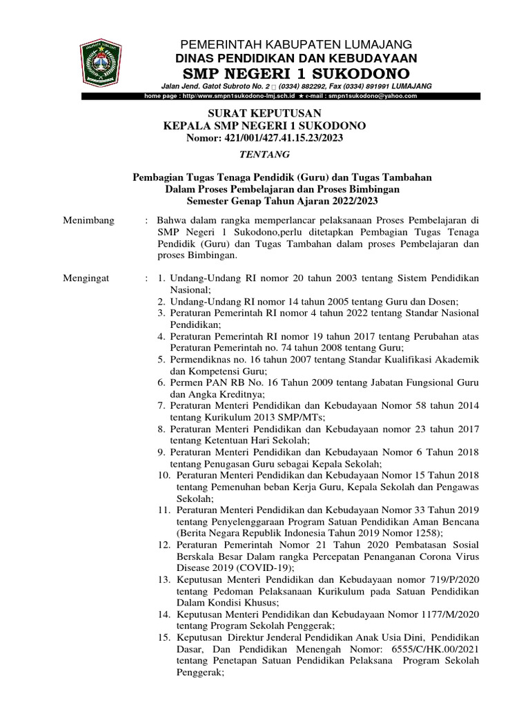 SK - Tugas Tambahan Wali Kelas - 2022-2023 Genap | PDF