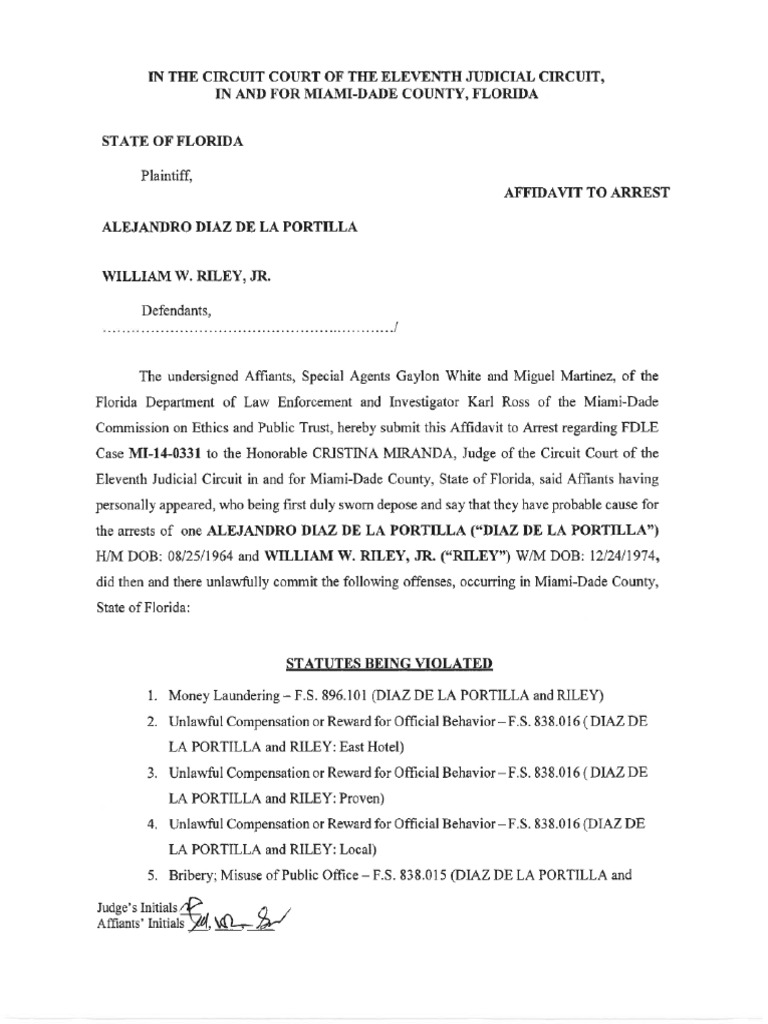 Miami-Dade Arrest Affidavit: Diaz & Riley | PDF | Common Law | Justice