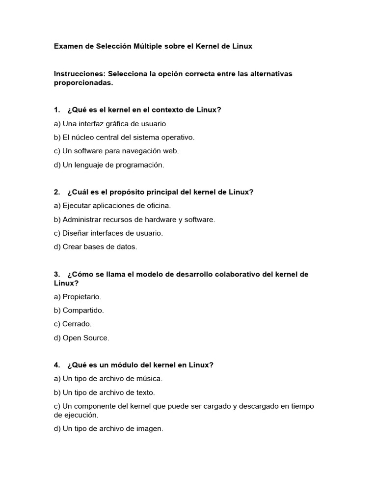 Prueba de Selección Múltiple Sobre El Kernel de Linux | PDF | Kernel (sistema operativo ...