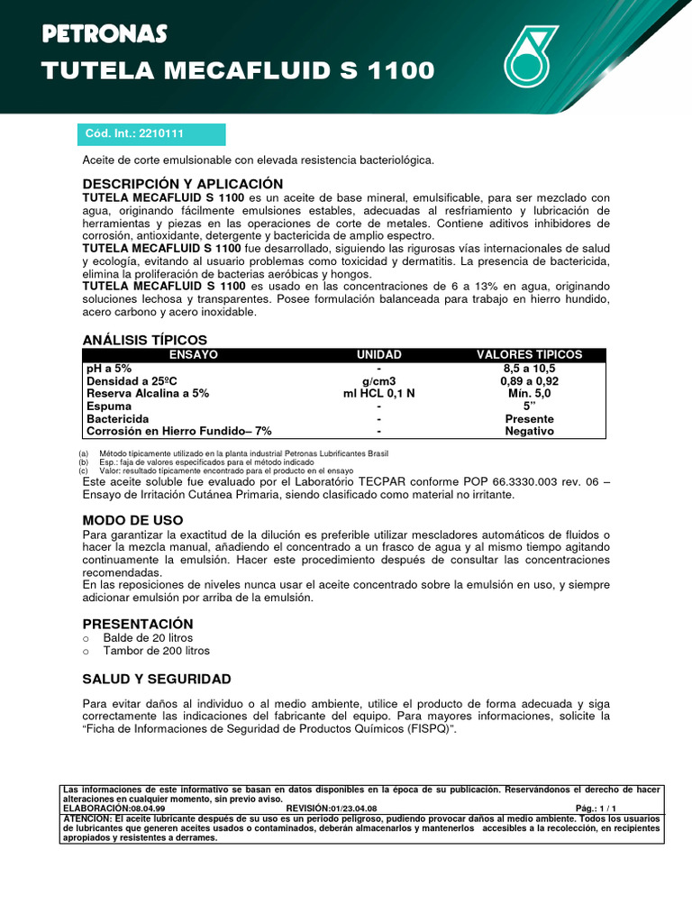 Tutela MECAFLUID S 1100 | PDF | Petróleo | Emulsión