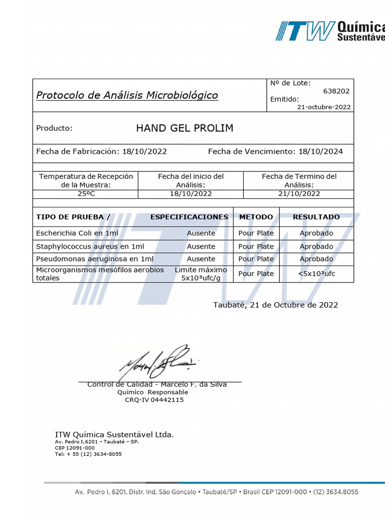 PROTOCOLO DE ANALISIS MICROBIOLOGICO HAND GEL PROLIM 800 MLLOTEl 638202 ...