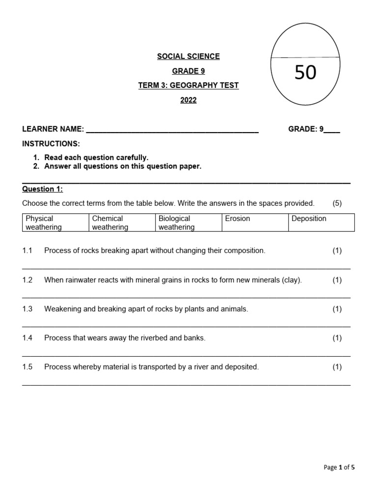 Grade 9 Geography: Weathering & Erosion Test | PDF | Erosion | Weathering