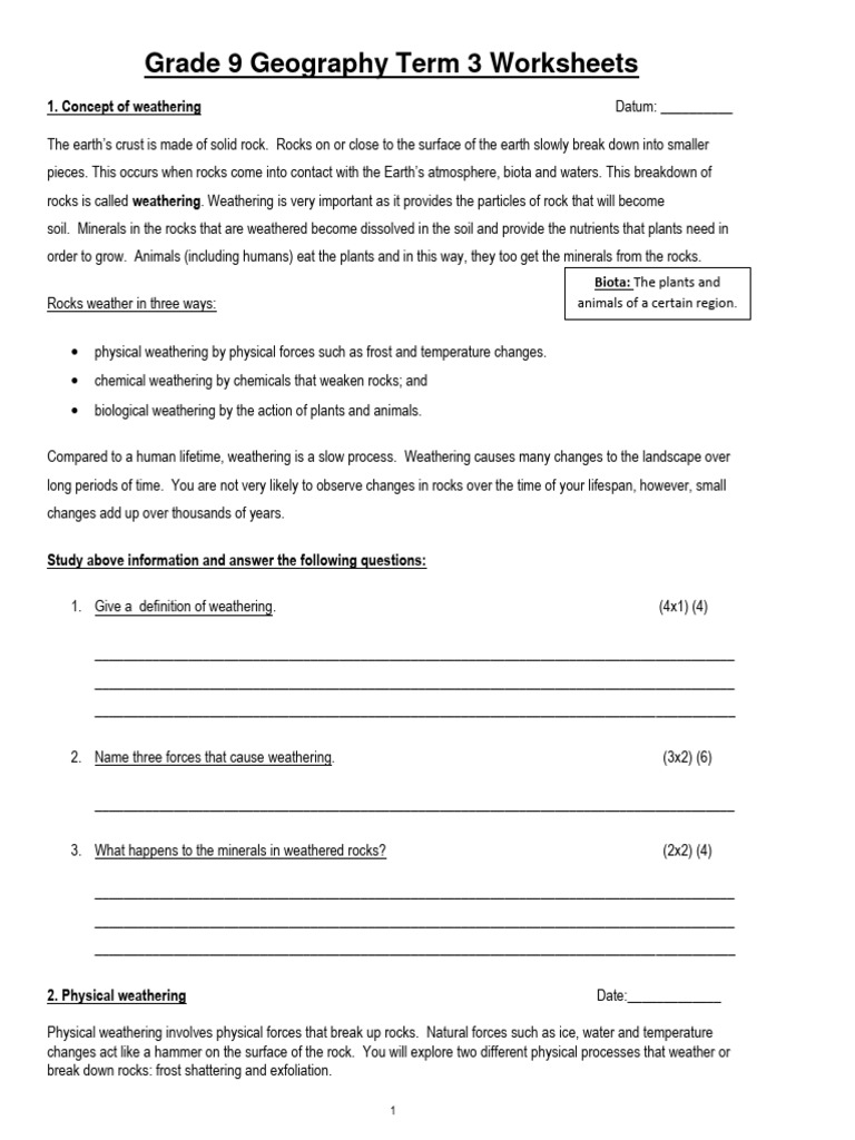 Gr.9G Term 3 Worksheets | PDF | Weathering | Soil